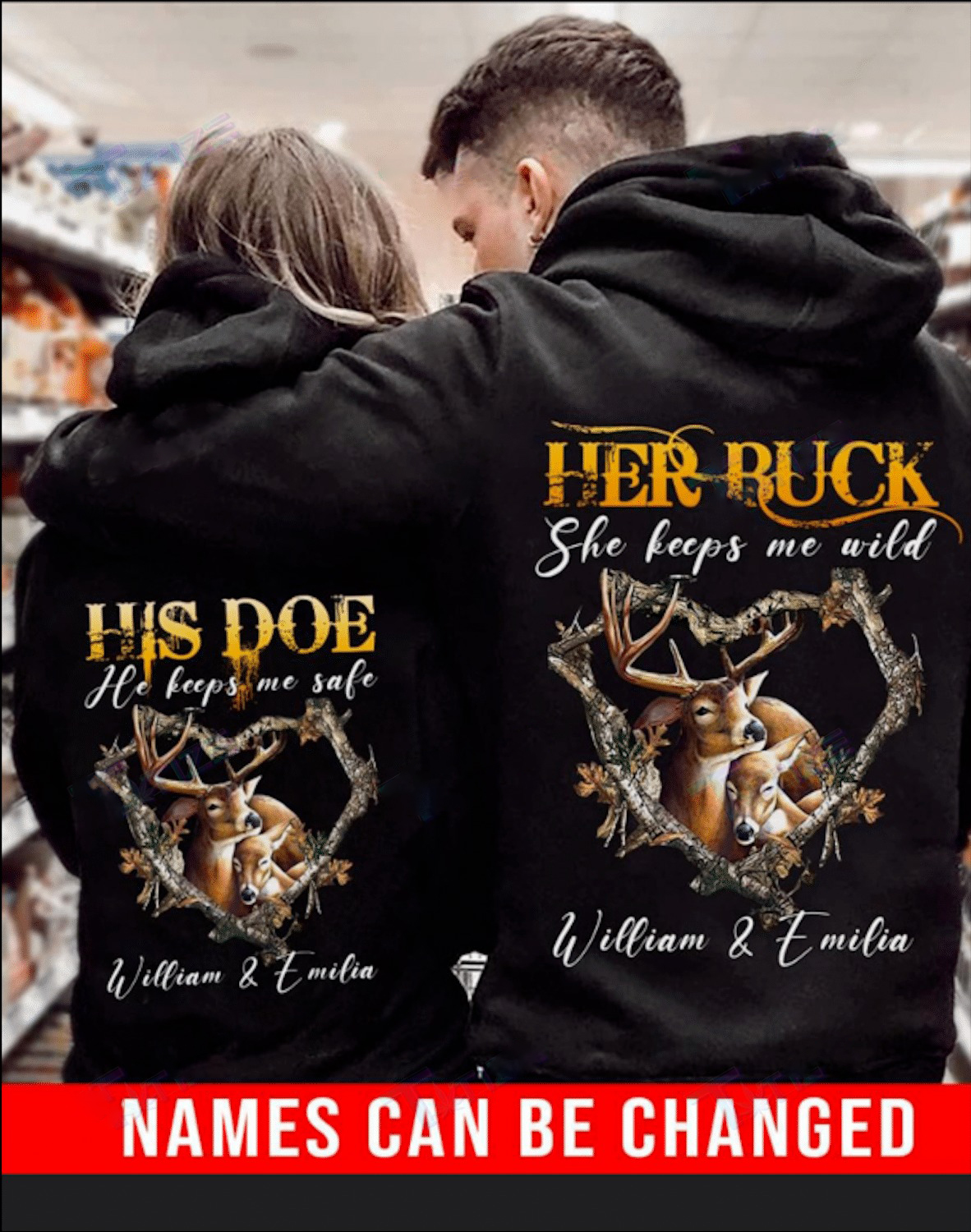 Custom Name Couple Hoodie He Keeps Me Safe She Keeps Me Wild His Doe ...
