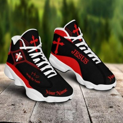Personalized Christian Shoes Jesus Walk By Faith Black & Red - LuvinGift