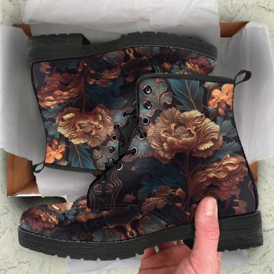 Dark Cottagecore Peony Floral Leather Boots - LuvinGift