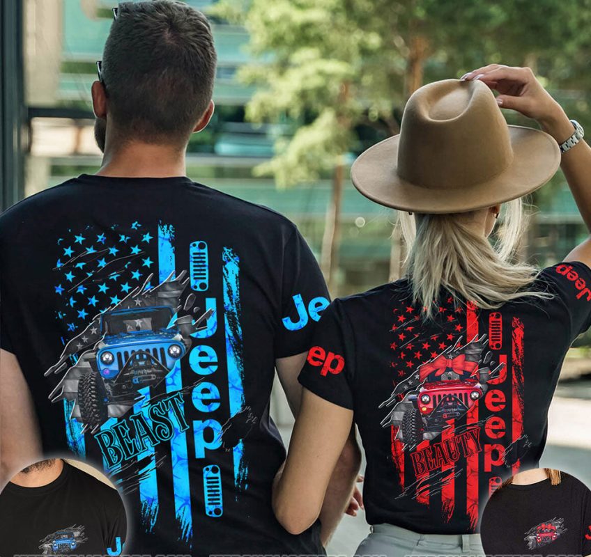 Jeep Couple All Over T-Shirts Jeep Beauty Jeep Beast Red Blue - LuvinGift